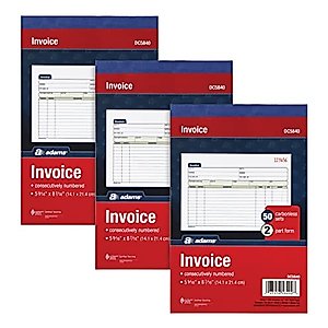 Adams Invoice Book 3 Pack, 2 Part Carbonless Invoices, Horizontal Sales Slip, 5-9/16 x 8-7/16 Inches, 50 Sets per Book (DC5840-3)