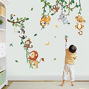 decalmile Jungle Animals Climbing Tree Wall Decals Monkey Lion Koala Tiger Wall Stickers Baby Nursery Kids Room Living Room Home Decor