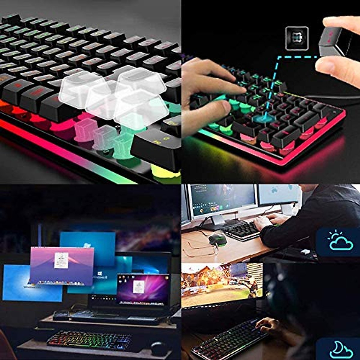 FELICON Wired Gaming Keyboard and Mouse Combo & 10 RGB Mouse Pad Set Waterproof 104 Keys Rainbow Backlight Mechanical Feel Keyboard and Crack Glowing Mouse for Laptop PC Computer Gaming and Work
