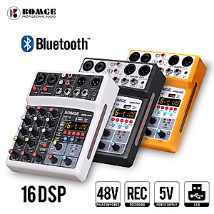 BOMGE 4 Channel dj Bluetooth Audio Mini Mixer with Effects, USB Interface, Stereo Recording, 48V Phantom Power for PC,phone(White)