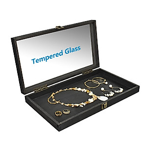 MOOCA Wood Tempered Glass Top Jewelry Display Case Accessories Storage Box with Metal Clasp, Wooden Jewelry Tray for Collectibles, Pocket Knife Display Case, Black