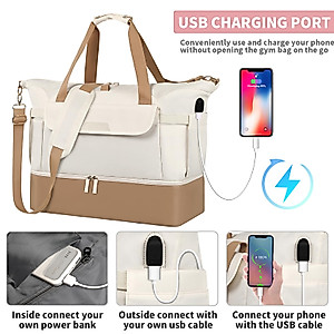 Weekender Bag for Women,Extra Large Travel Duffle Bag with Shoe Compartment &Wet Pocket, Large Overnight Sports Gym Bag with USB Charging Port and Toiletry Bag,Carry on Tote Yoga Bag for Airline,beige