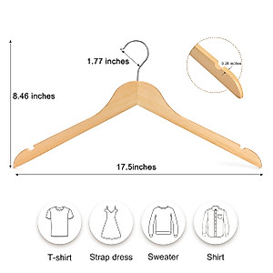 TOPIA HANGER Wooden Hangers 30 Pack, 0.28-inch Slim & Durable Clothes Hangers Space Saving, Natural Wood Hanger with 360°Swivel Hook and Non-Slip Shoulder Notches for Coat,Shirt, Camisole, Dress-CT51N