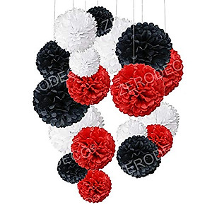 Tissue Paper Pom Poms, Recosis Paper Flower Ball for Birthday Party Wedding Baby Shower Bridal Shower Festival Decorations, 18 Pcs - Red Black White