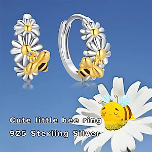 Daisy Hoop Earrings,Hypoallergenic 925 Sterling Silver Bee with Small Flower Hoop Earrings Gift for Women Huggie Earrings for Sensitive Ears