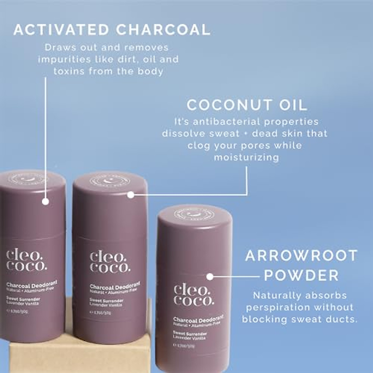 Cleo+Coco - Natural Deodorant - For Women & Men - Aluminum Free - Extra Strength - Activated Charcoal - 24hr Odor Protection - Vegan & Cruelty Free - PCR - Made in USA - Lavender Vanilla - 1.7oz