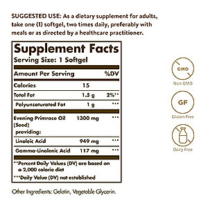 Solgar Evening Primrose Oil 1300 mg 60 Softgels - Promotes Healthy Skin & Cardiovascular Health - Nutritional Support for Women - Non-GMO Gluten Free Dairy Free - 60 Servings