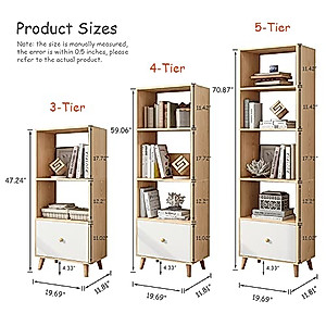 IOTXY 3-Tier Open Shelves Bookcase - 47 Inches Height Modern Floor Standing Cubes Wooden Low Bookshelf with Storage Drawer and Legs, Oak