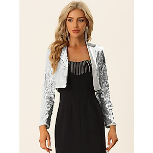 Allegra K Open Front Cardigan for Women's Notched Lapel Cropped Party Club Sparkly Sequin Blazer Large Silver