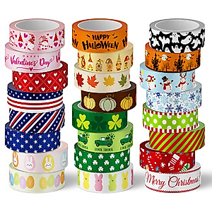 Whaline 24 Rolls Holiday Washi Tapes St. Patrick's Day Shamrock Easter Bunny 4th of July Seasonal Washi Tapes 15mm Assorted Festival Making Washi Tapes for Scrapbook Journal Art Craft, 16.4Ft