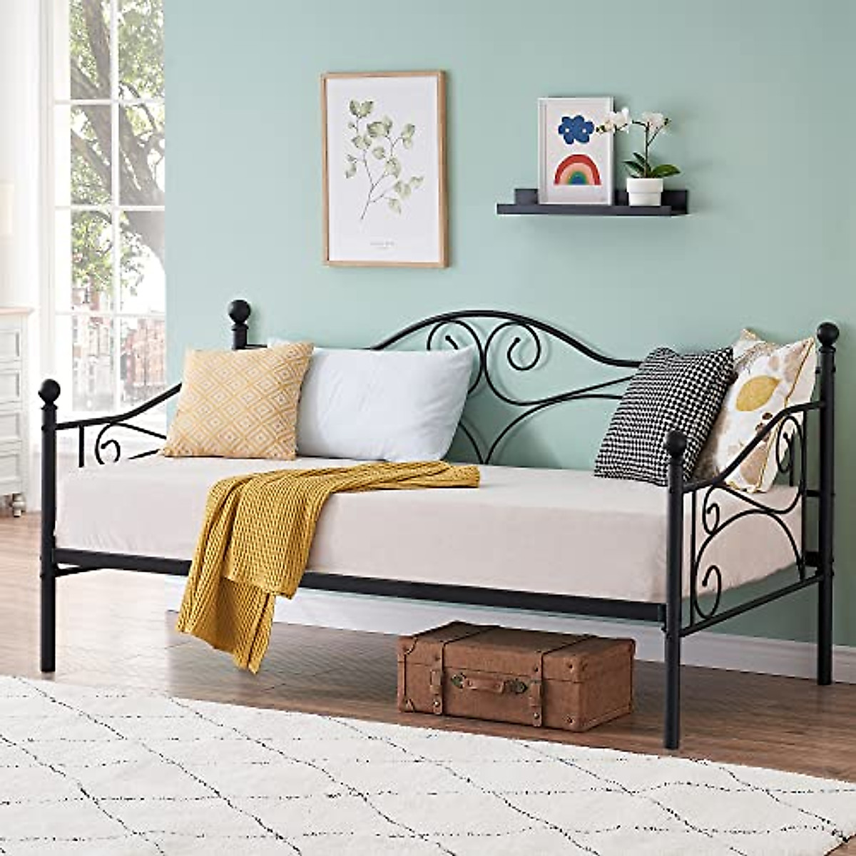 VECELO Premium Daybed Metal Bed Frame Twin Size Steel Slat Support/Strong Legs Headboard/Mattress Foundation, Multi-Functional Furniture