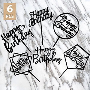 6-Pack Black Birthday Cake Topper Set, Double-Sided Shiny Black, Acrylic Happy Birthday Sign Cake Toppers/Cupcake Toppers, Birthday Party Decorations Supplies for Cool Guy.