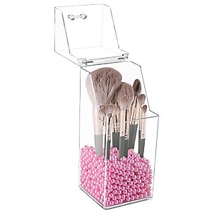 Sooyee Makeup Brush Holder,Makeup Brush Organizer with 8mm Pink Pearls,Dustproof Makeup Brush holder with Lid