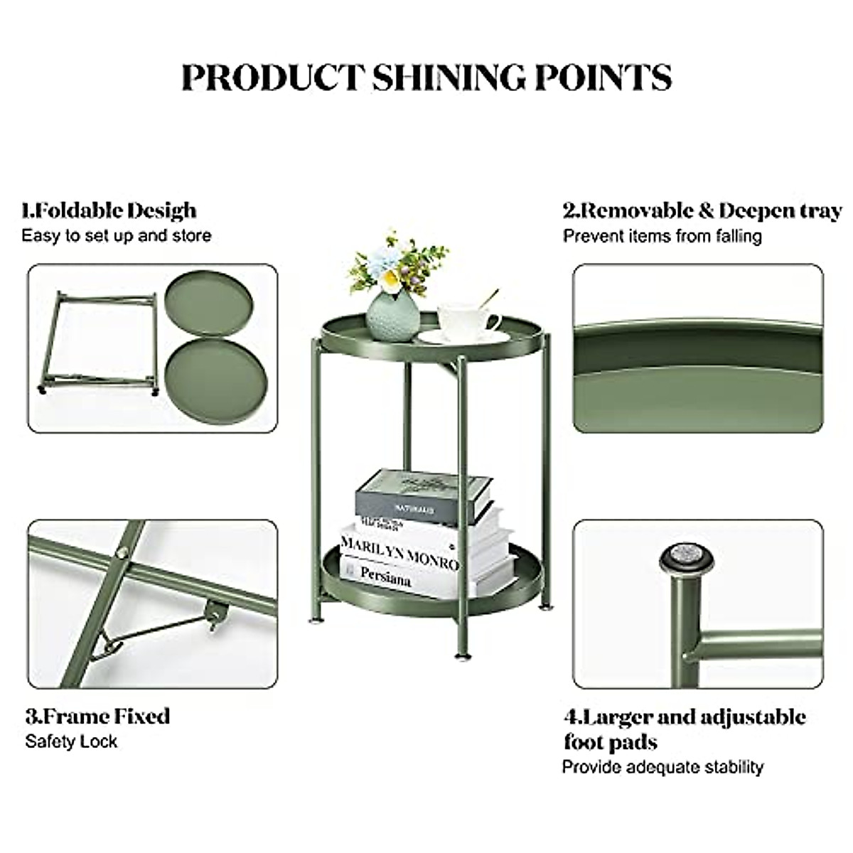 danpinera 2 Tier Metal Side Table with Removable Tray, Folding End Outdoor Small Accent Table, Anti-Rust Green Nightstand for Bedroom Balcony Patio (Dark Green)