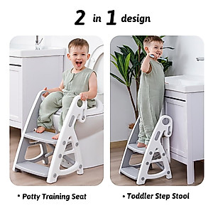 Beavtaens Potty Training Seat: 2 in 1 Design Potty Seat for Toilet & Nursery Step Stool for Sink Potty Training Toilet with Height Adjustable Ladder for Kids of All Ages (Gray)