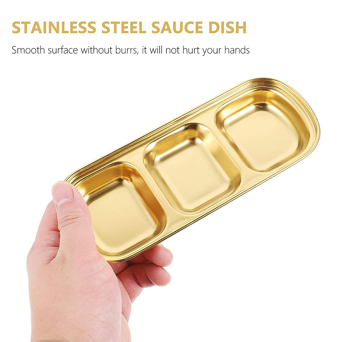 DOITOOL 2Pcs Stainless Steel Dipping Sauce Dishes, 3 Compartment Soy Sauce Dipping Bowls, Sushi Dipping Bowl Appetizer Plates Serving Dish for Soy Sauce, Ketchup, BBQ Sauce or Seasoning (Gold)