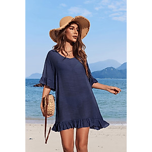 Ekouaer Women Cover-Up Dresses for Swimwear Ruffle Sleeves Beachwear Sexy V Neck Bikini Bathing Suit Coverups (Navy, Medium)
