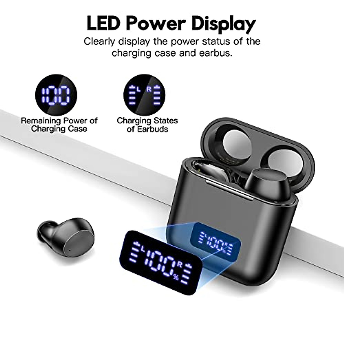 bonabest Bluetooth 5.3 Wireless Earbuds 40H Playback with LED Display Charging Case, IPX7 Waterproof Stereo in-Ear Ear Buds Wireless Bluetooth Earbuds Built in Mic for iOS & Android, Black