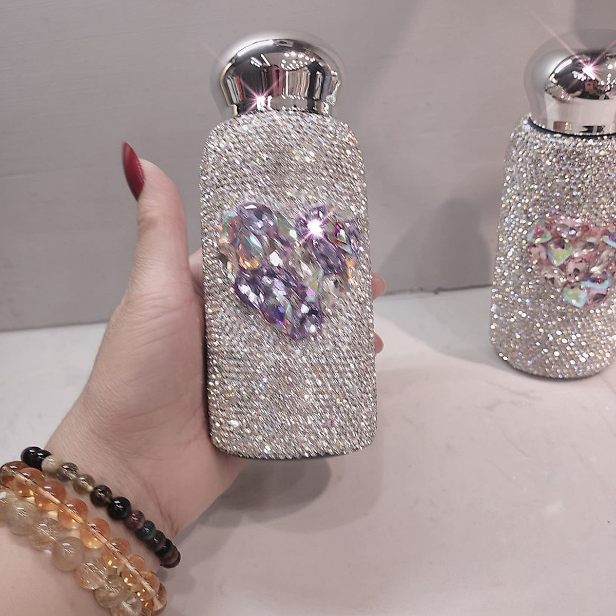 Thermos Cup Travel Mug Bling Rhinestone Shinning Water Bottle Stainless Steel Diamond Flask Vacuum Bottle for Christmas Birthday Valentine's Day Birthday Gift,Purple