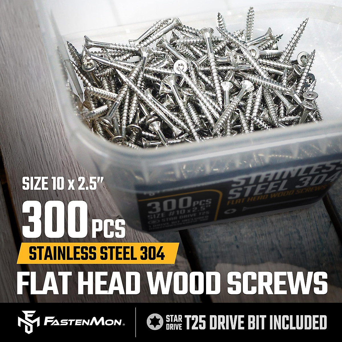 FM FastenMon #10 x 2-1/2" (300 PCS) Stainless Steel Deck Screws - 304 Grade with T25 Star Drive Bit - Ideal for Outdoor Wood Projects, Fences, Garden Bench, Picnic Table, and Decks - Bulk Box