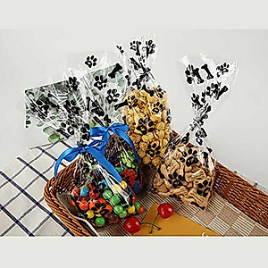 Mosoisy 100 Pack Paw Print Clear Plastic Cellophane Bags - Dog Paw Treat Bags 10.5X5" With Ribbon and Twist Ties Dog Gift Bags Candy Bags Cookie Bags Treat Bags with Ties and Ribbon Cellophane Treat Bags for Dog Party Favor and Supplies