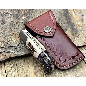 WINTERFELL Damascus Steel Folding Pocket Knife for Men with Leather Sheath, 100% Handmade Gifts for Husband, Dad, Boyfriend, Damascus Steel Groomsman Gift Knives