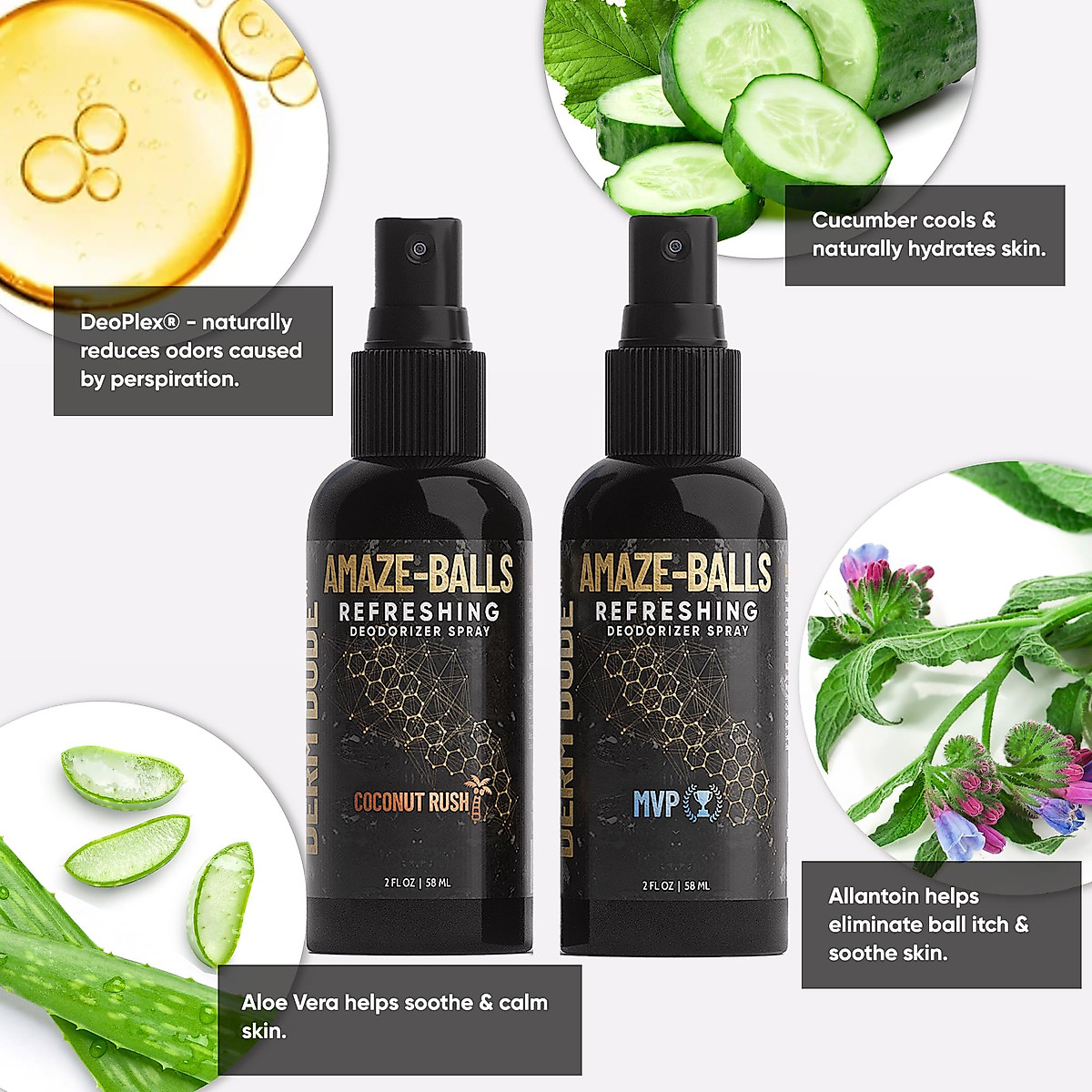 Derm Dude Amaze Balls Deodorant & Anti Chafing Sack & Groin Spray for Men | Formulated with All-Natural DeoPlex for Odor Control | With Refreshing Aloe Vera - MVP & Coconut Rush Scent Bundle, (2 Pack)