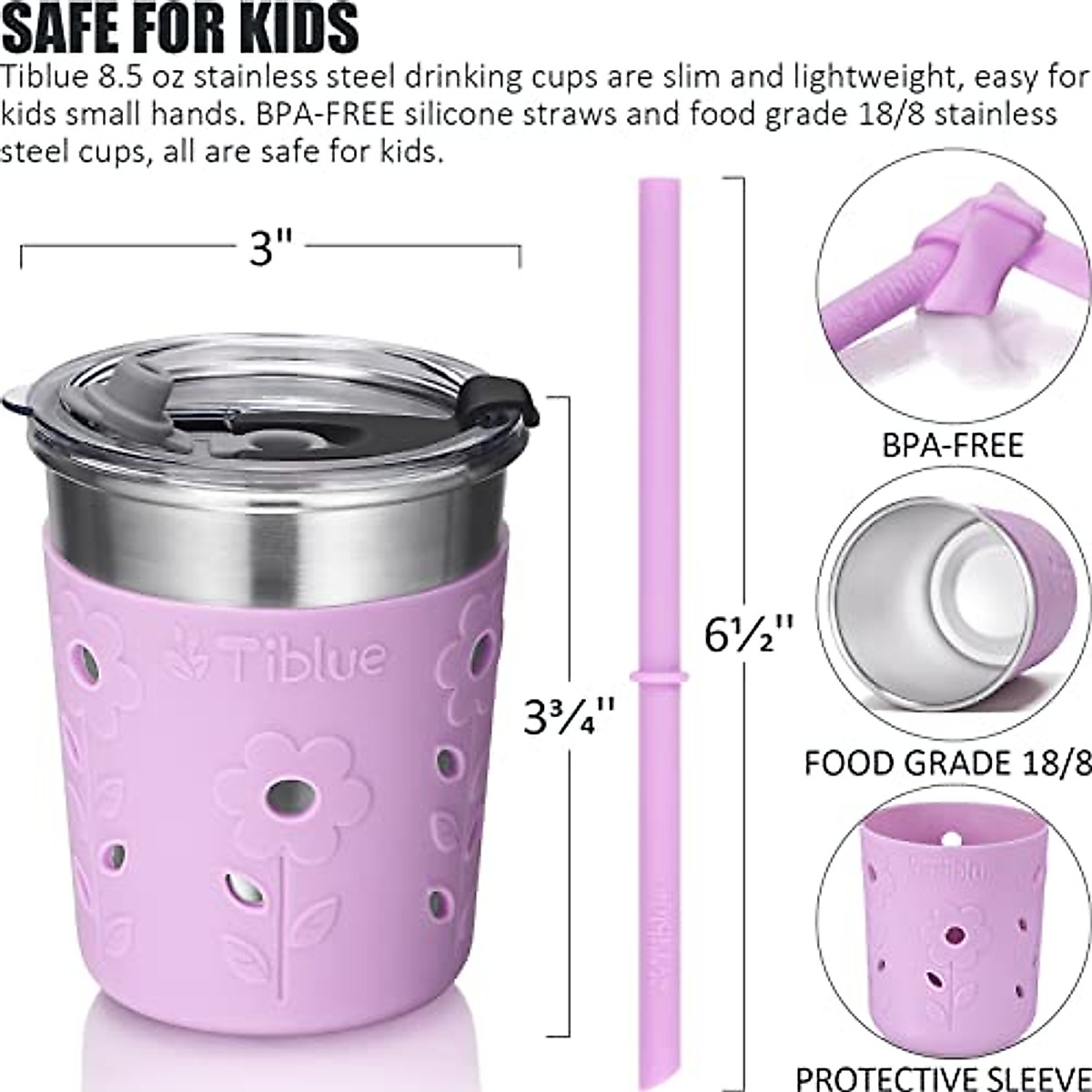 Tiblue Kids & Toddler Cups - Spill Proof Stainless Steel Smoothie Tumblers with Leak Proof Lids, Silicone Straw with Stopper & Sleeve - BPA FREE Snack Cup for Baby Girls Boys(4 Pack, 8oz Multicolor)