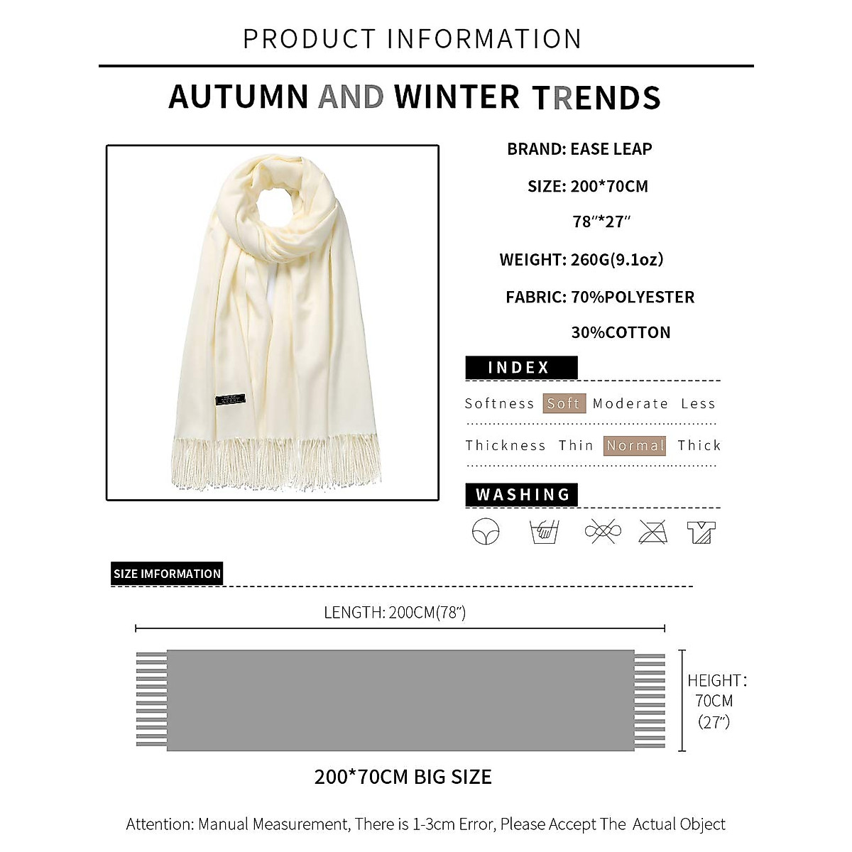 EASE LEAP Pashmina Scarfs for Women Silky Shawls and Wraps for Evening Dresses Soft Large Scarves Wedding Warm Stylish Solid Color, Ivory