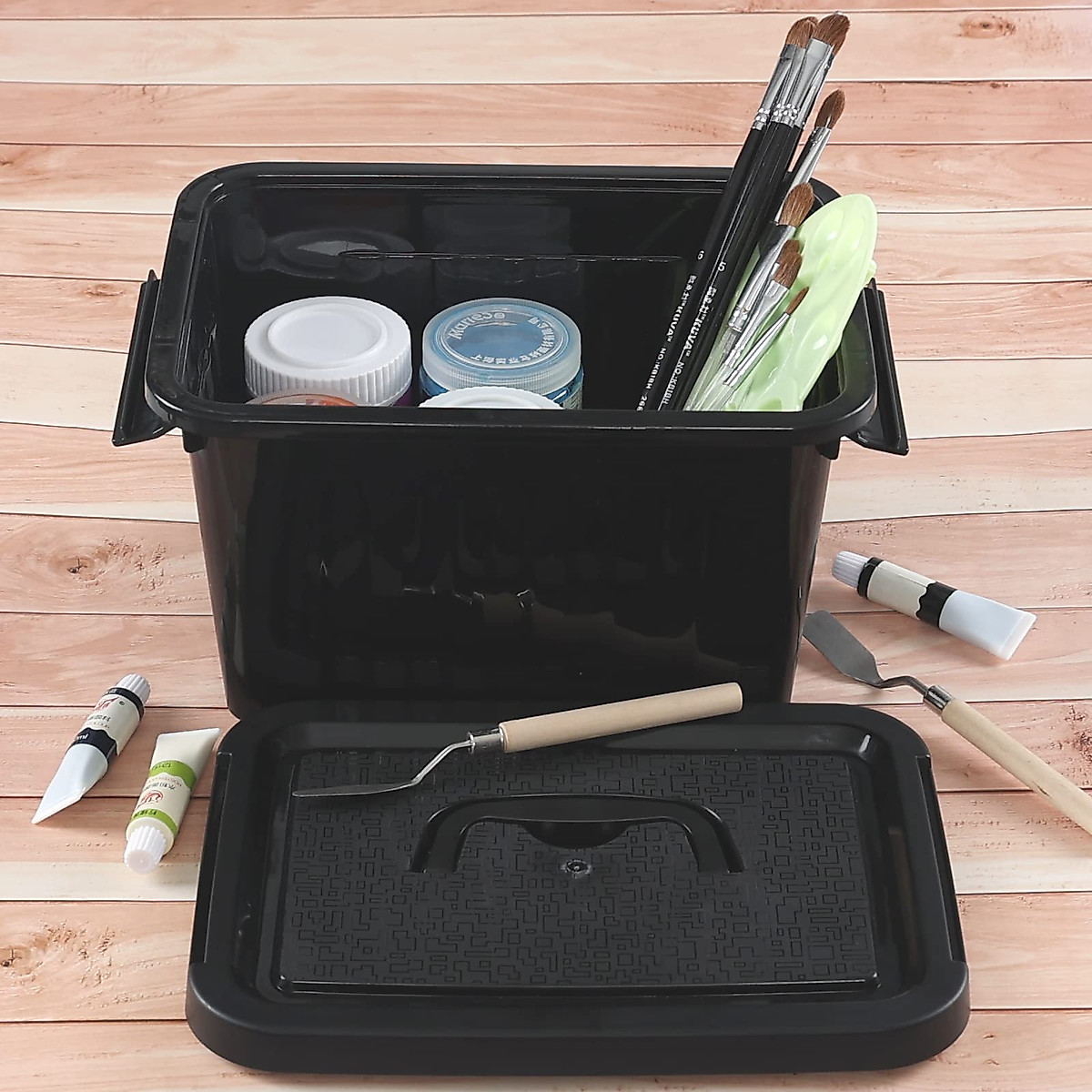 Vcansay 6 Quart Plastic Storage Latching Bin with Handles, Black, 6 Packs