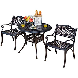 Tangkula 3 Pieces Cast Aluminum Patio Bistro Set, Outdoor Bistro Table Set with Umbrella Hole, Outdoor Patio Table and Chairs Furniture for Porch and Balcony
