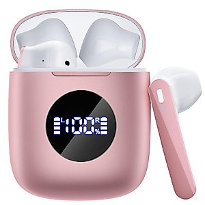 Bluetooth Headphones V5.3 Wireless Earbuds Ear buds with 50Hrs Battery Life Deep Bass Earphones with Wireless Charging Case & LED Power Display Waterproof Microphone Headset for TV Tablet Phone Pink