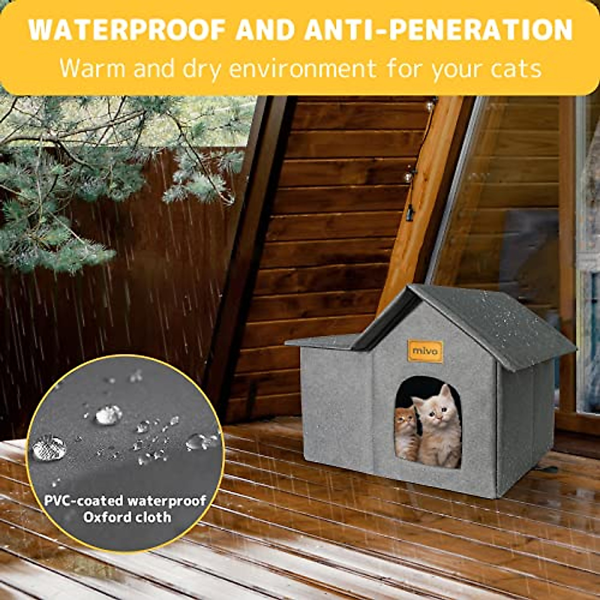 mivo Weatherproof Cat Houses for Outdoor/Indoor Cats, Collapsible Warm Feral Cat Shelter with Removable Soft Mat, Easy to Assemble Big Cat Bed for Winter