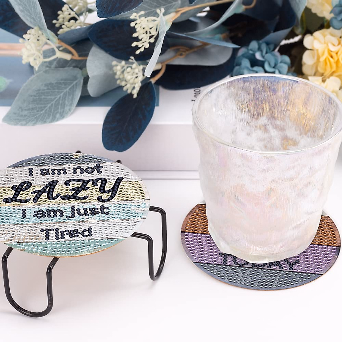 8 Pcs Diamond Art Painting Coasters Diamond Art Coasters with Holder, DIY Funny Inspirational Coasters, Diamond Art Painting Kits for Adults, Kids & Beginners, Farmhouse Bar Diamond Art Craft Coasters