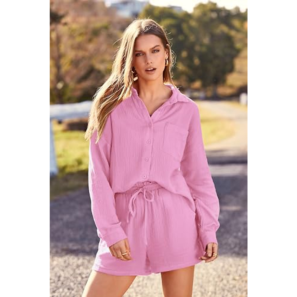 PRETTYGARDEN Women's 2 Piece Tracksuit Outfit Long Sleeve Blouse High Waisted Drawstring Shorts Loungewear Set (Pink,Medium)