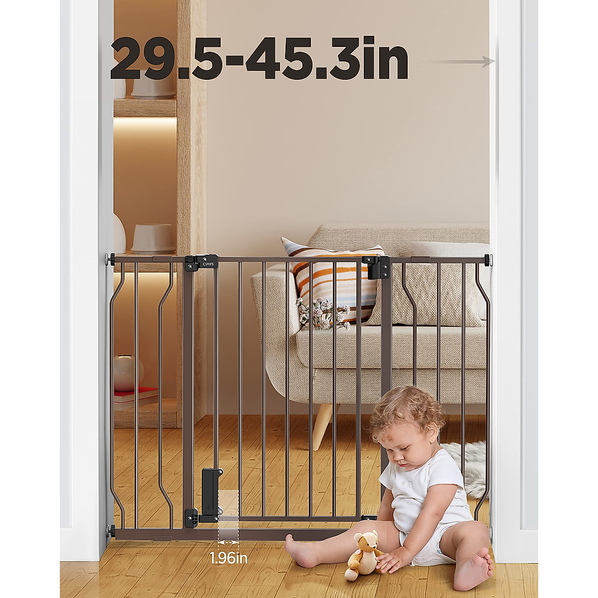 Ciays Baby Gate, 29.5” to 45.3” Dog Gate for Stairs Doorways and House, Auto-Close Safety Metal Child Gate for Babys Dogs with Alarm, Pressure Mounted, Brown