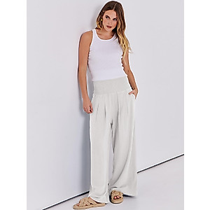 ANRABESS Women Linen Palazzo Pants Summer Boho Wide Leg High Waist Casual Lounge Pant 2025 Beach Travel Vacation Outfits White X-Large