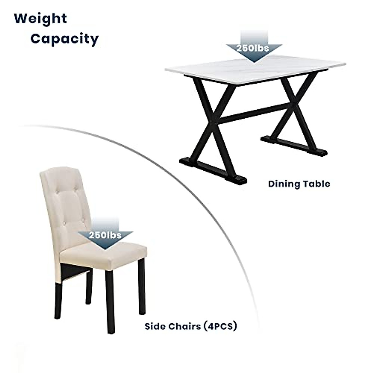 WOZNLA 5-Piece 4,Kitchen and Dining Room Set Table Top and Upholstered Chairs, Faux Marble White+Beige