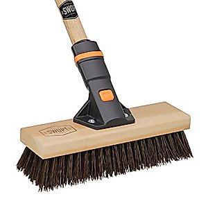 SWOPT 10” Premium Rough Surface Scrub Brush + 60" EVA Foam Comfort Grip Wooden Handle, Combo — Stiff Bristle Cleaning Brush with Interchangeable Long Handle — Clean Outdoor Surfaces Comfortably