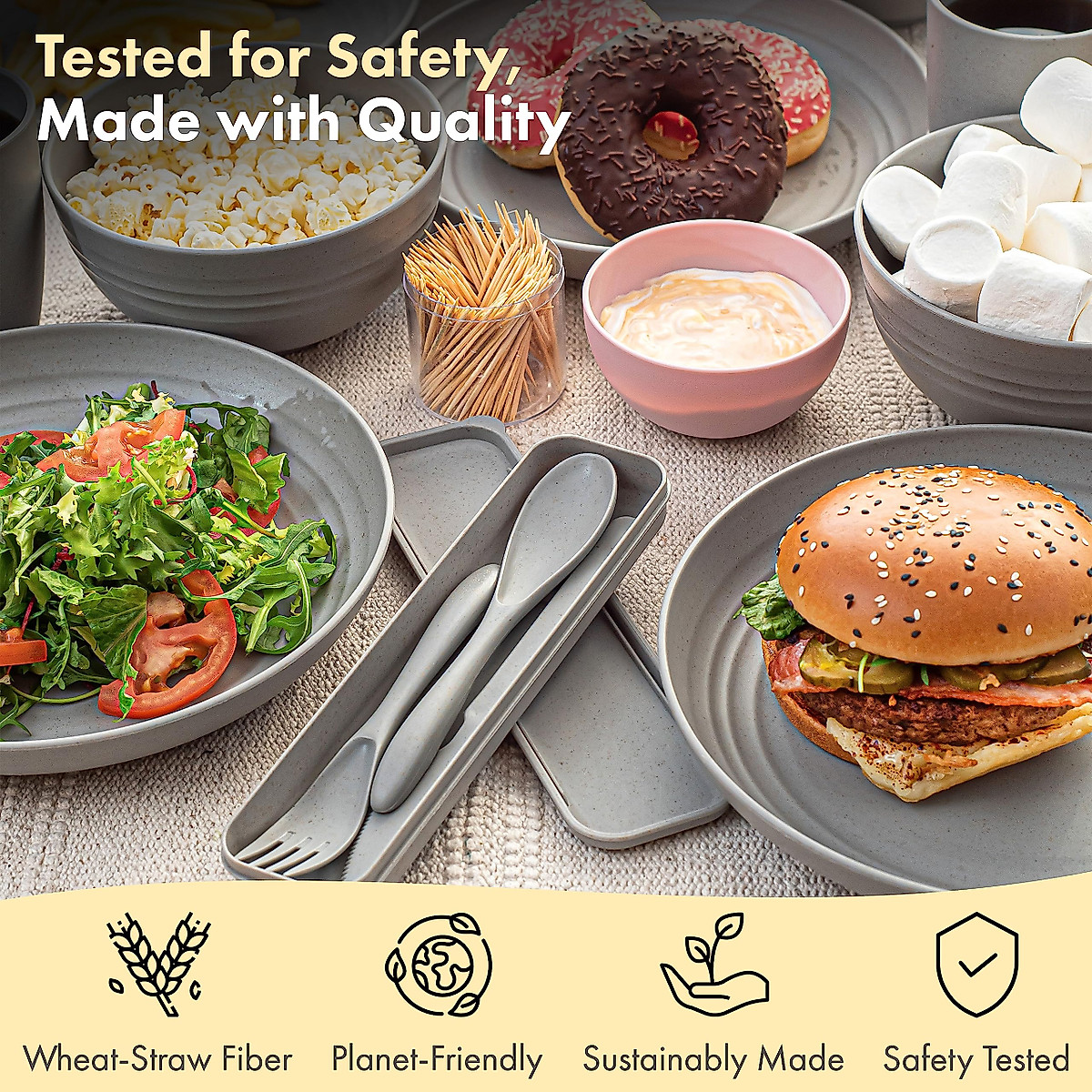 FOODLE Wheat Straw Dinnerware Sets for 6 - Lightweight & Unbreakable - Microwave & Dishwasher Safe - Perfect for Picnic, Dorm, RV Dishes - Camping Plates Cups and Bowls Set - Great for Kids & Adults