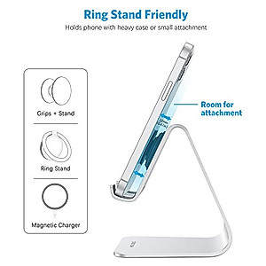 [2 Pack] OMOTON Cell Phone Stand, Aluminum Desktop Phone Holder Cradle Office Supplies Decor for 13 12 11 Pro Max, Mini XR XS SE, iPad Mini and Android Phones (Silver + Rose Gold)