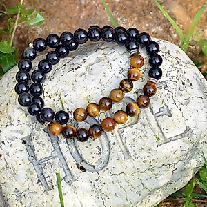 Long Distance Relationship Bracelets (2 Pack) – Spiritual Protection Chakra Bracelet for His and Her Couples for Reiki Healing, Yoga, Meditation – Tiger Eye, Obsidian Triple Protection Gemstones
