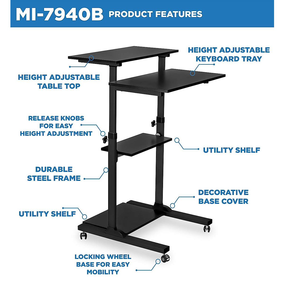 Mount-It! Mobile Standing Desk/Height Adjustable Stand Up Computer Work Station | Rolling Presentation Cart with 27.5 Inch Wide Platform, Locking Wheels