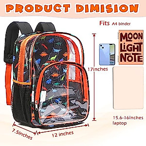 BLUEFAIRY Boys Clear Backpack Heavy Duty Stadium Approved Dinosaur Transparent Backpack Plastic See Through Bag for Kids for School Travel Gifts (Large Orange)