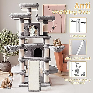 SHA CERLIN 68 Inches Multi-Level Large Cat Tree for Large Cats/Big Cat Tower with Cat Condo/Cozy Plush Cat Perches/Sisal Scratching Posts and Hammocks/Cat Activity Center Play House, Grey