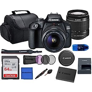 Canon EOS 4000D (Rebel T100) DSLR Camera w/Canon EF-S 18-55mm F/3.5-5.6 Zoom Lens + Case + Sandisk 64GB Memory Card + 3pc Filter Kit + Card Reader + Cleaning Kit (International Model) (Renewed)