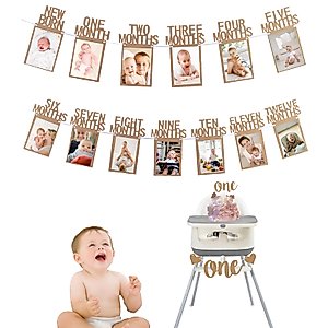 1st Birthday Photo Banner Baby Birthday Decorations Monthly Milestone Photograph Bunting Garland with First Birthday Cake Topper 1st birthday High Chair Banner 1st Birthday Decorations