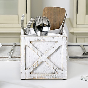 MyGift Whitewashed Solid Wood Kitchen Utensil Holder Crock Countertop Storage Organizer with 4 Compartments, Rustic Farmhouse Flatware Silverware Buffet Caddy