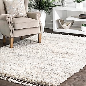 nuLOOM Brooke Shag Tasseled Area Rug - 9x12 Shag Area Rug Casual Ivory Rugs for Living Room Bedroom Dining Room Nursery