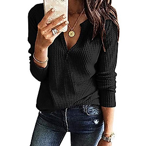 Womens V Neck Waffle Knit Shirts Long Sleeve Loose Fitting Warm Tee Tops Sweaters Pullovers Black